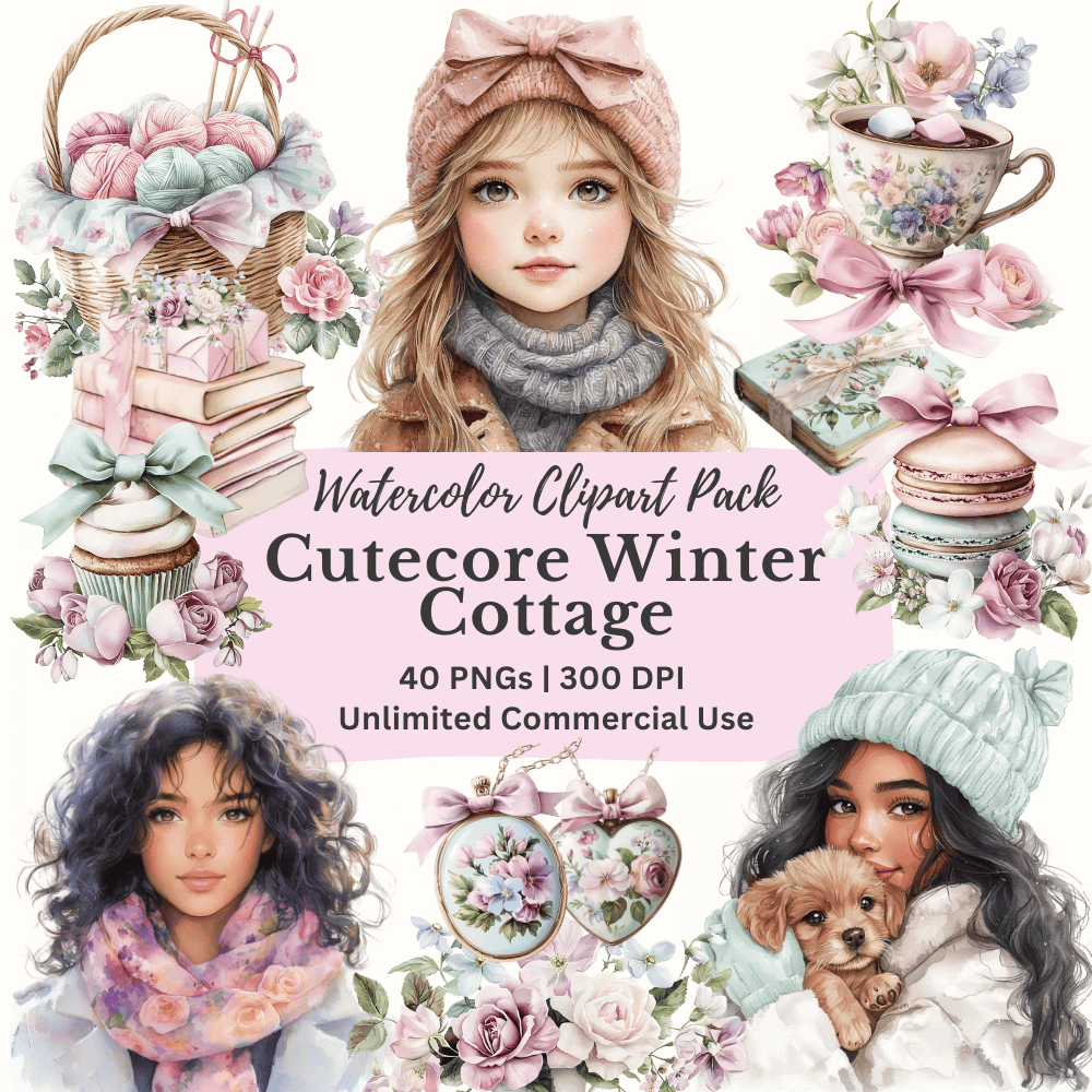 Cutecore Winter Cottage Clipart Bundle – 40 Pastel Elements + 14 ...