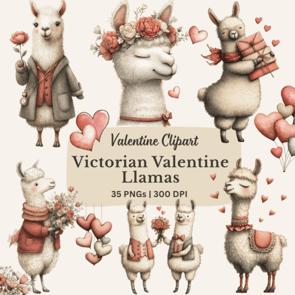 Discover Exclusive Victorian Valentine Llama Clipart – 39 Watercolor PNGs